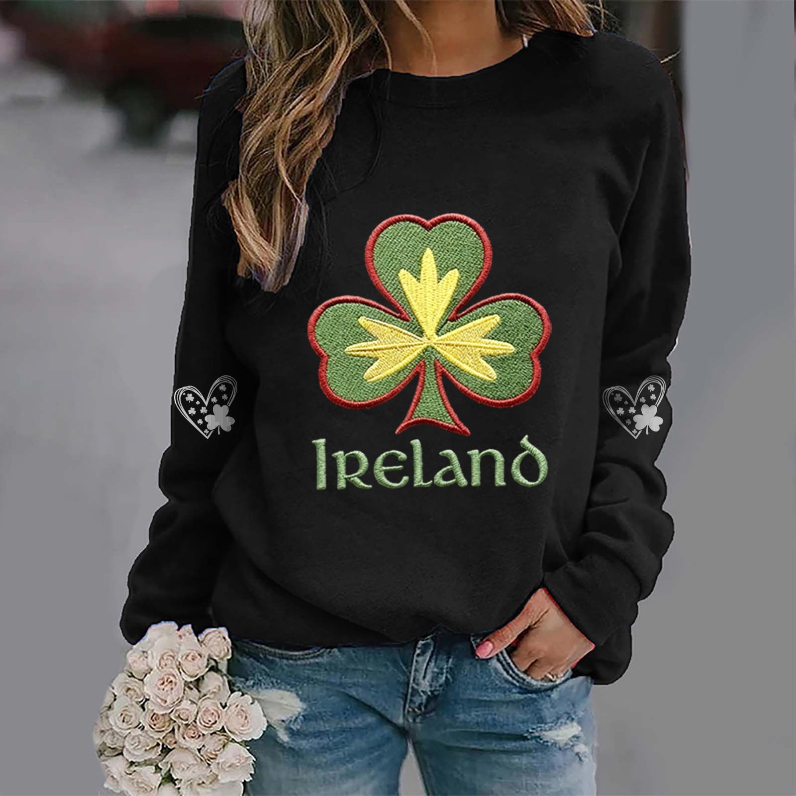 Avrnliq Womens St. Patrick's Day 4 Leaf Clover Embroidered Sweatshirt ...