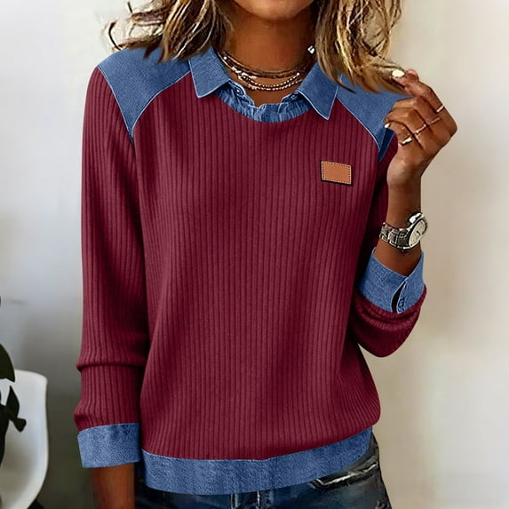 Avrnliq Womens Wine Red Sweater Long Sleeve Crewneck Knit Pullover Soft ...