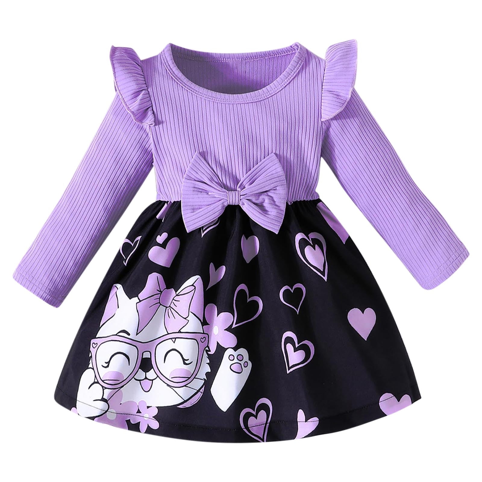 Avrntaa Baby Girls Cute Dresses Ruffle Long Sleeve Dress Cat Print A ...