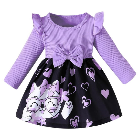 Avrntaa Baby Girls Cute Dresses Ruffle Long Sleeve Dress Cat Print A ...