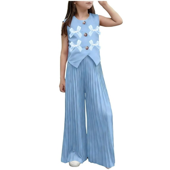 Avrntaa Casual 2-Piece Set for Girls Bow Crewneck Vest and Pleated Wide ...