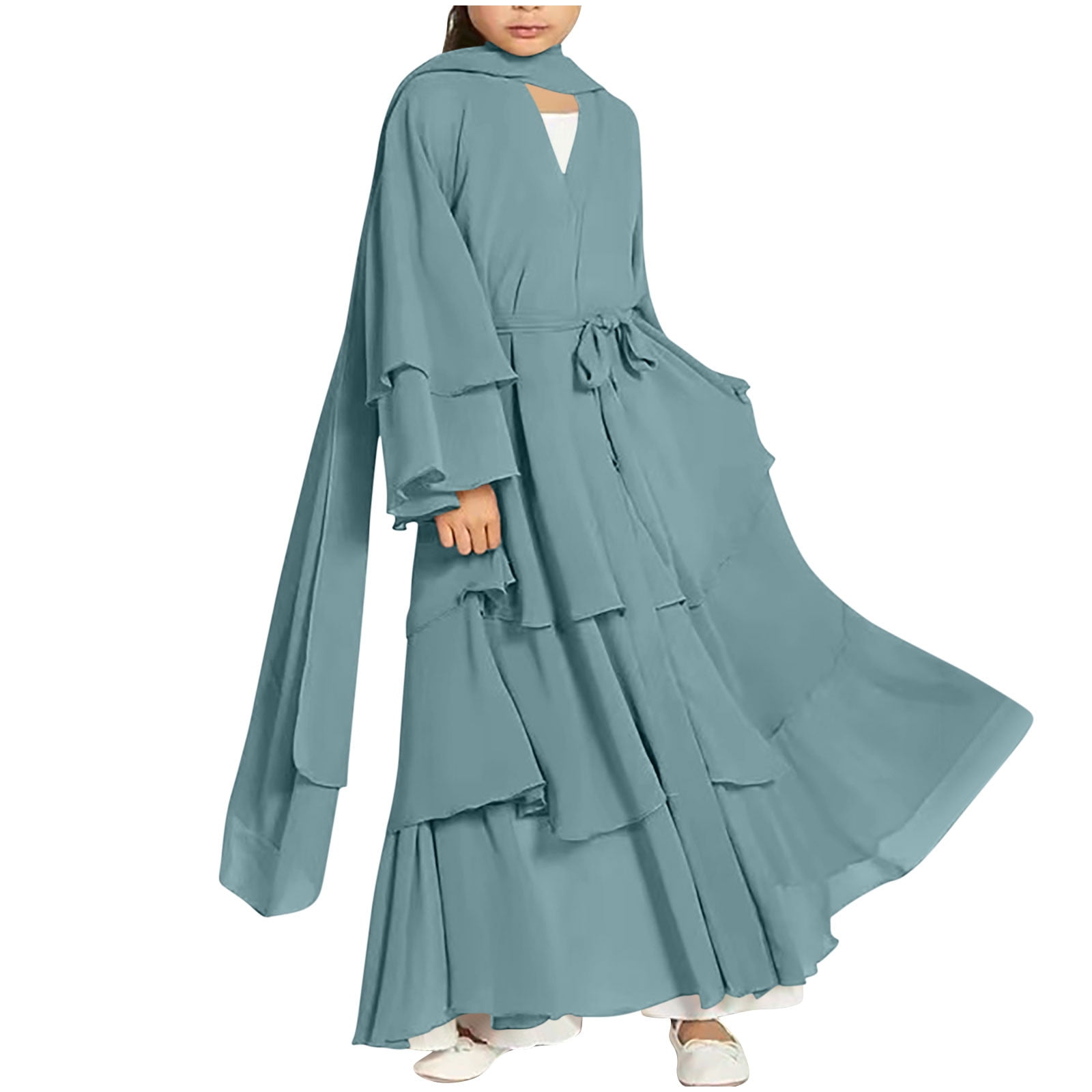 Avrntaa Chiffon Muslim Dress for Kids Girls Layered Islam Kaftan Robe ...