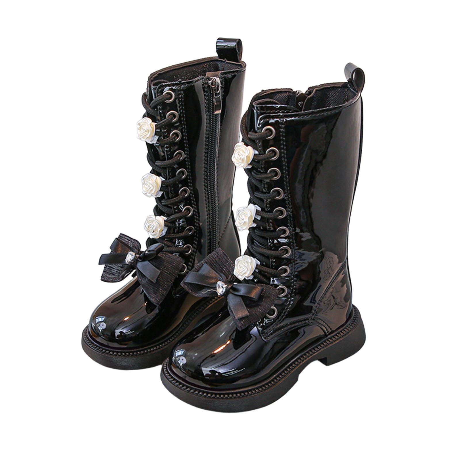 Avrntaa Fashion Lace Up High Boots for Girls Floral Bow Trim Shoes Side ...