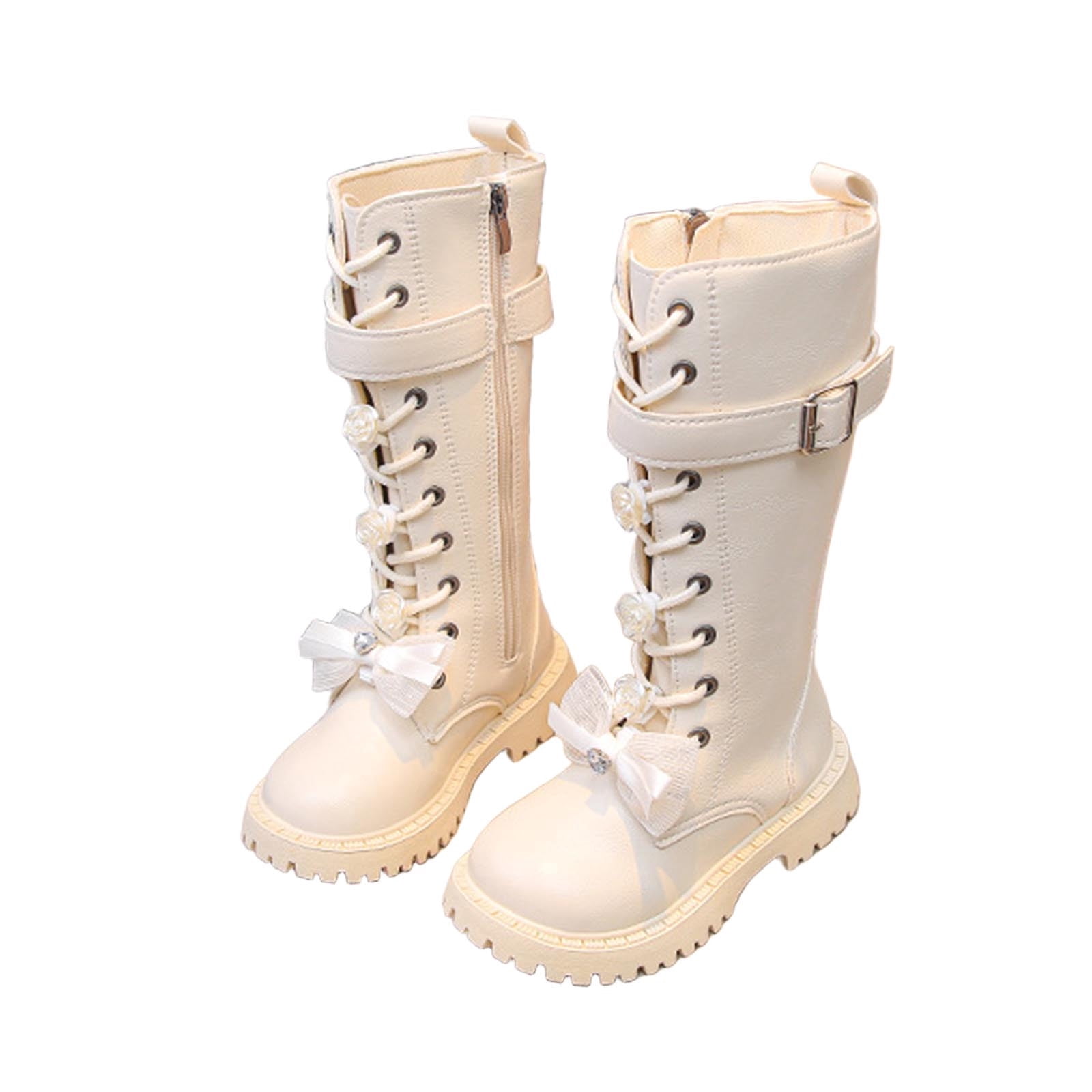 Avrntaa Fashion Lace Up High Boots for Girls Floral Bow Trim Shoes Side ...