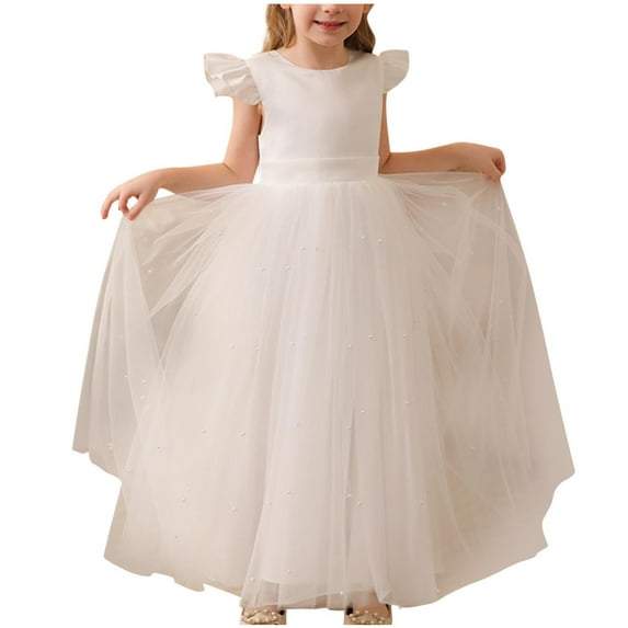 Avrntaa Girl Maxi Princess Dresses Ruffle Sleeve Wedding Dress Pearls ...