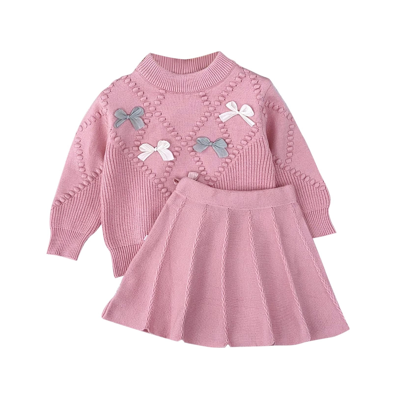 Avrntaa Girl's 2 Piece Knitted Outfits Warm Bow Trim Long Sleeve ...