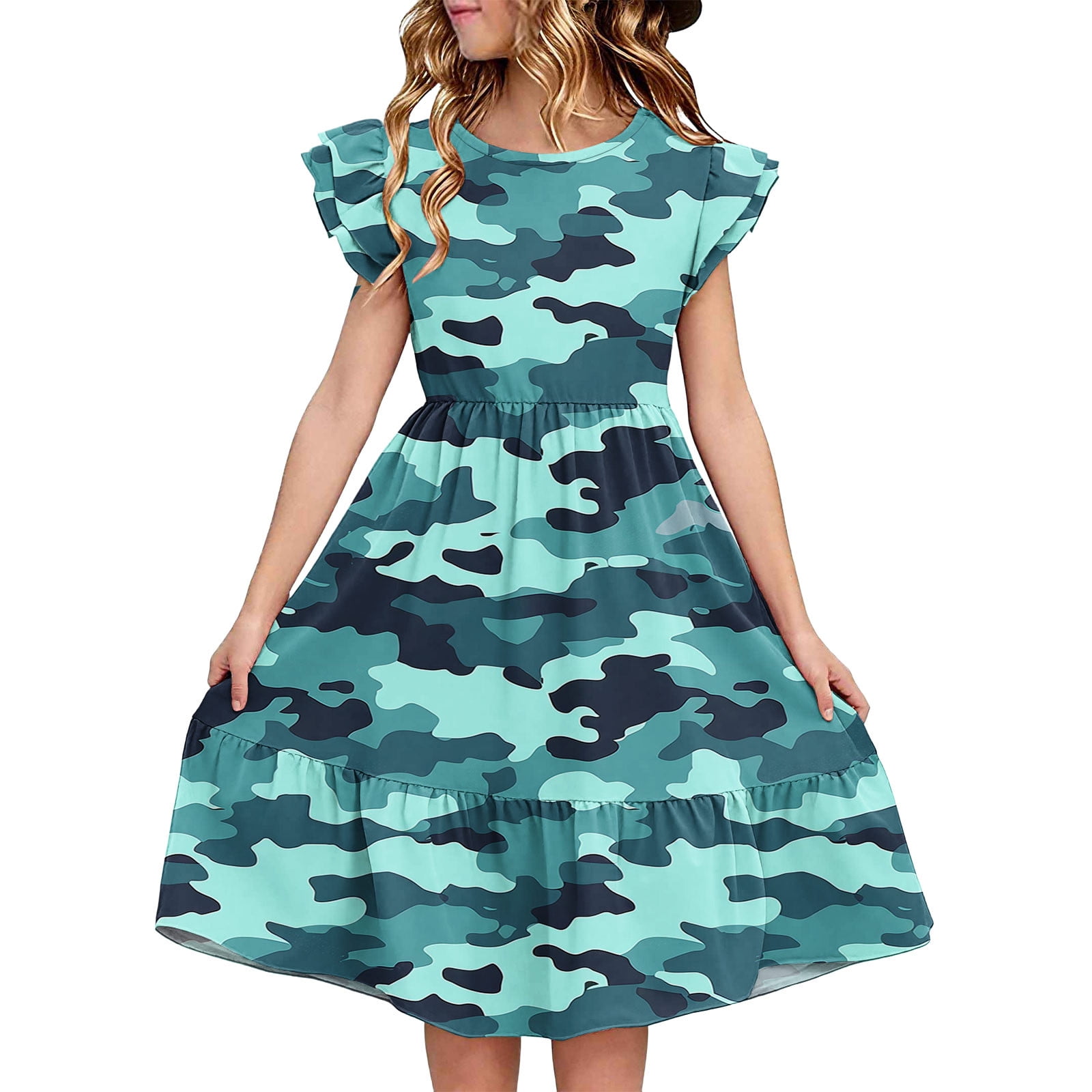 Avrntaa Girls' A-Line Swing Dress for Summer Short Sleeve Ruffle Casual Midi Dress Crewneck ...