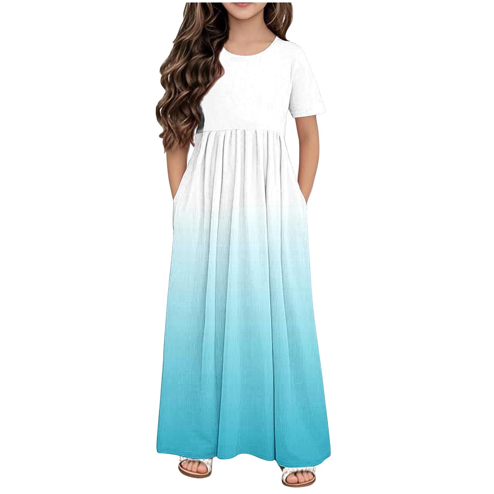 Avrntaa Girls Baggy Summer Dress Short Sleeve Maxi Gradient Dress ...