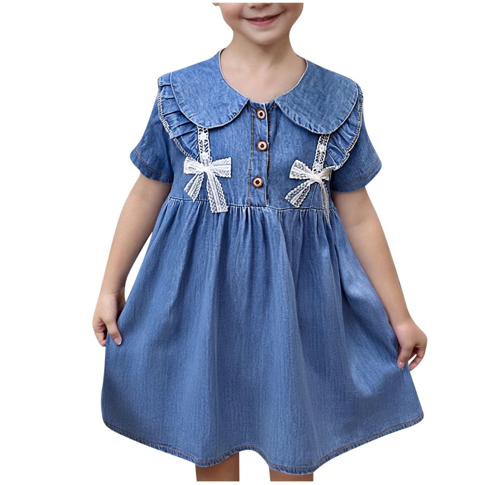 Avrntaa Girls Blue Denim Sundress Short Sleeve Lapel A Line Casual ...
