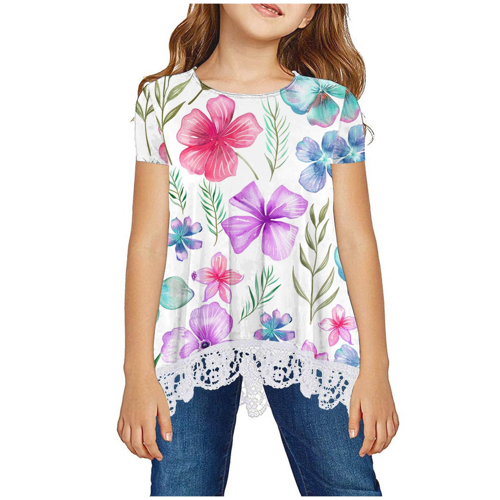 Avrntaa Girls Casual Tunic Tops - Kids Floral Print Short Sleeve Loose ...