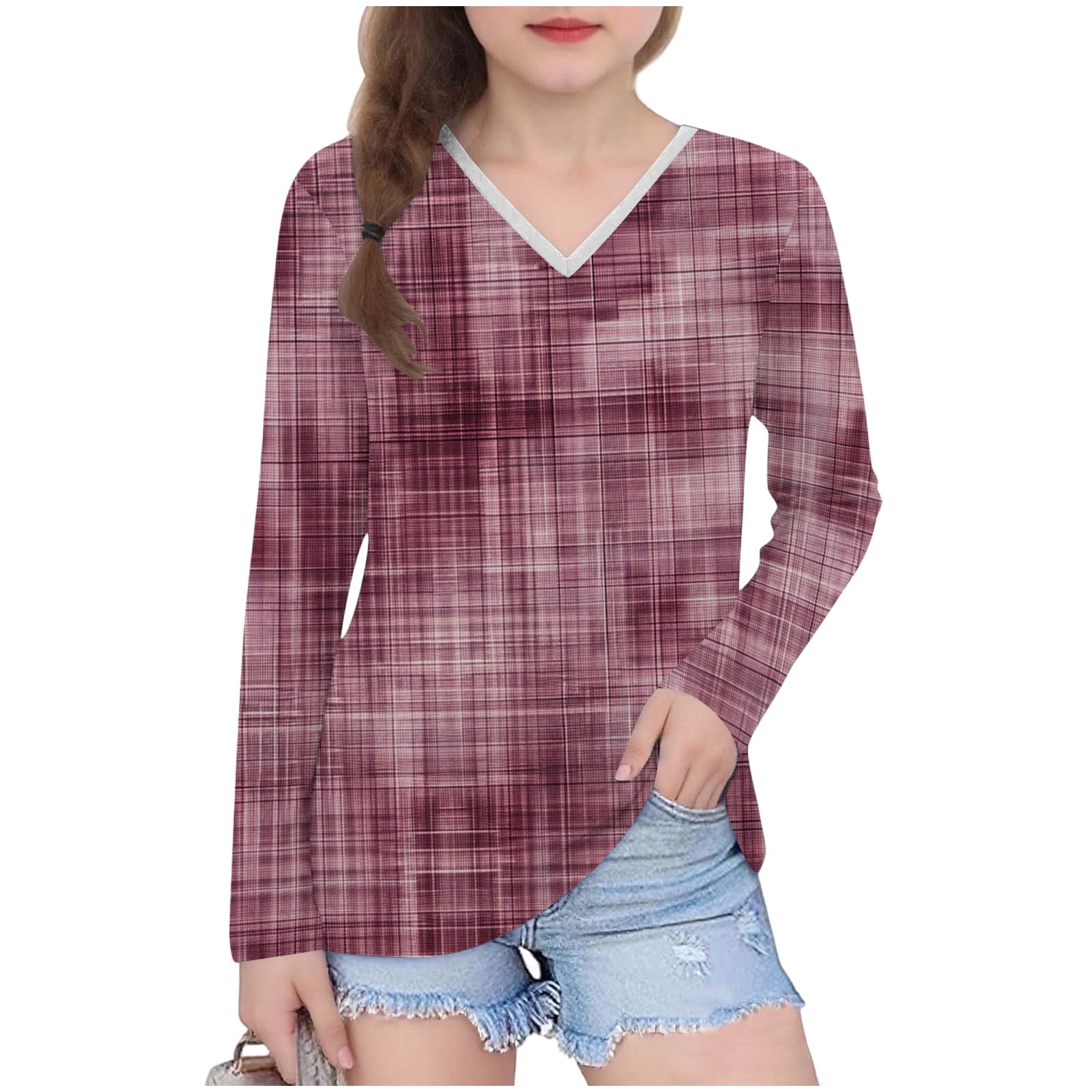 Avrntaa Girls Casual V Neck Tops Fall Gradient Color T-shirt Loose Long ...