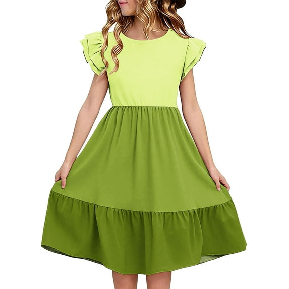 Avrntaa Girls Color Block Dress Ruffle Sleeve Swing Midi Dresses Summer ...
