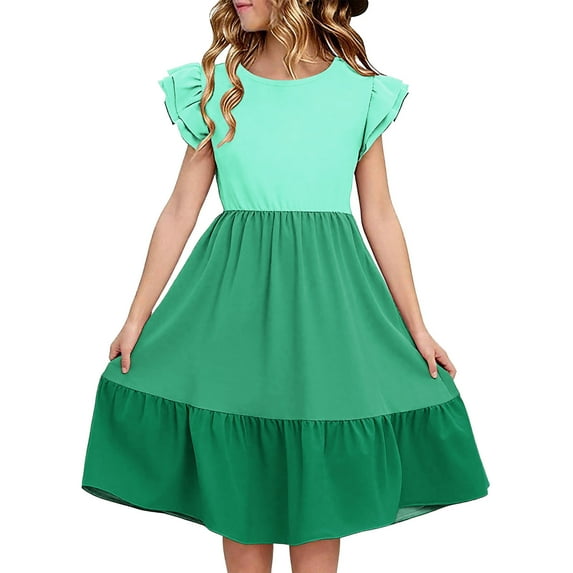 Avrntaa Girls Color Block Dress Ruffle Sleeve Swing Midi Dresses Summer ...