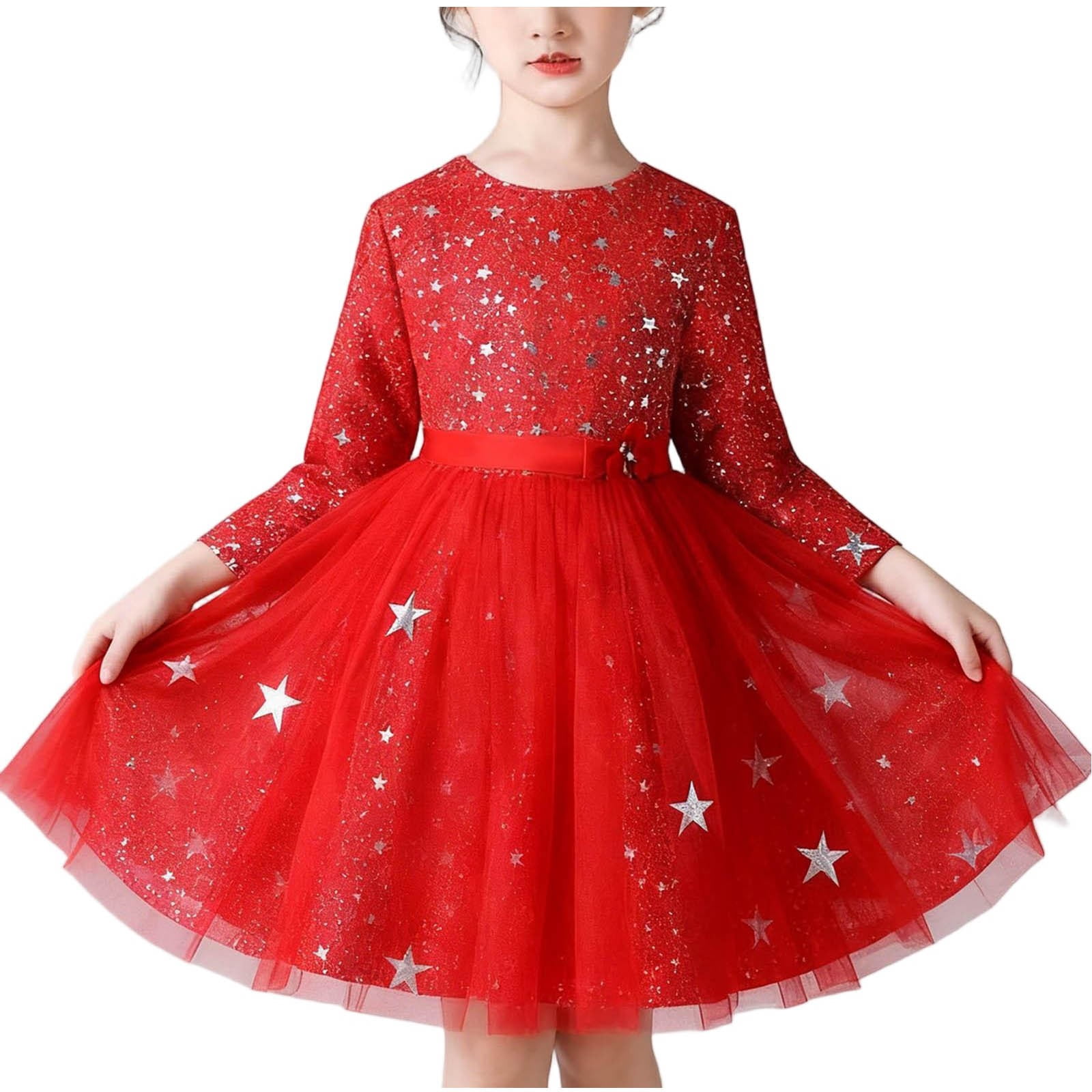 Avrntaa Girls Gown Dress Long Sleeve Tulle Retro Dresses Star Print ...