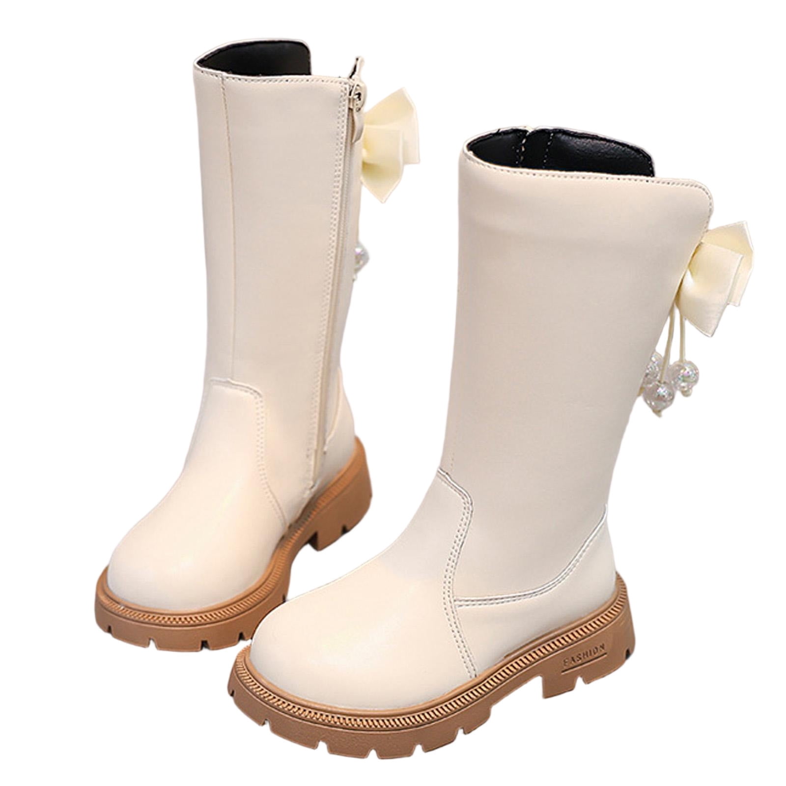 Avrntaa Girls Leather Tactical Boots Bow Trim Side Zip High Boot ...