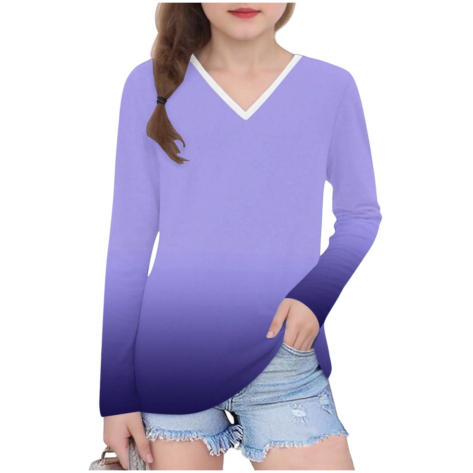 Avrntaa Girls Long Sleeve Ombre Tops Fall Cute V Neck Shirts Sweet ...