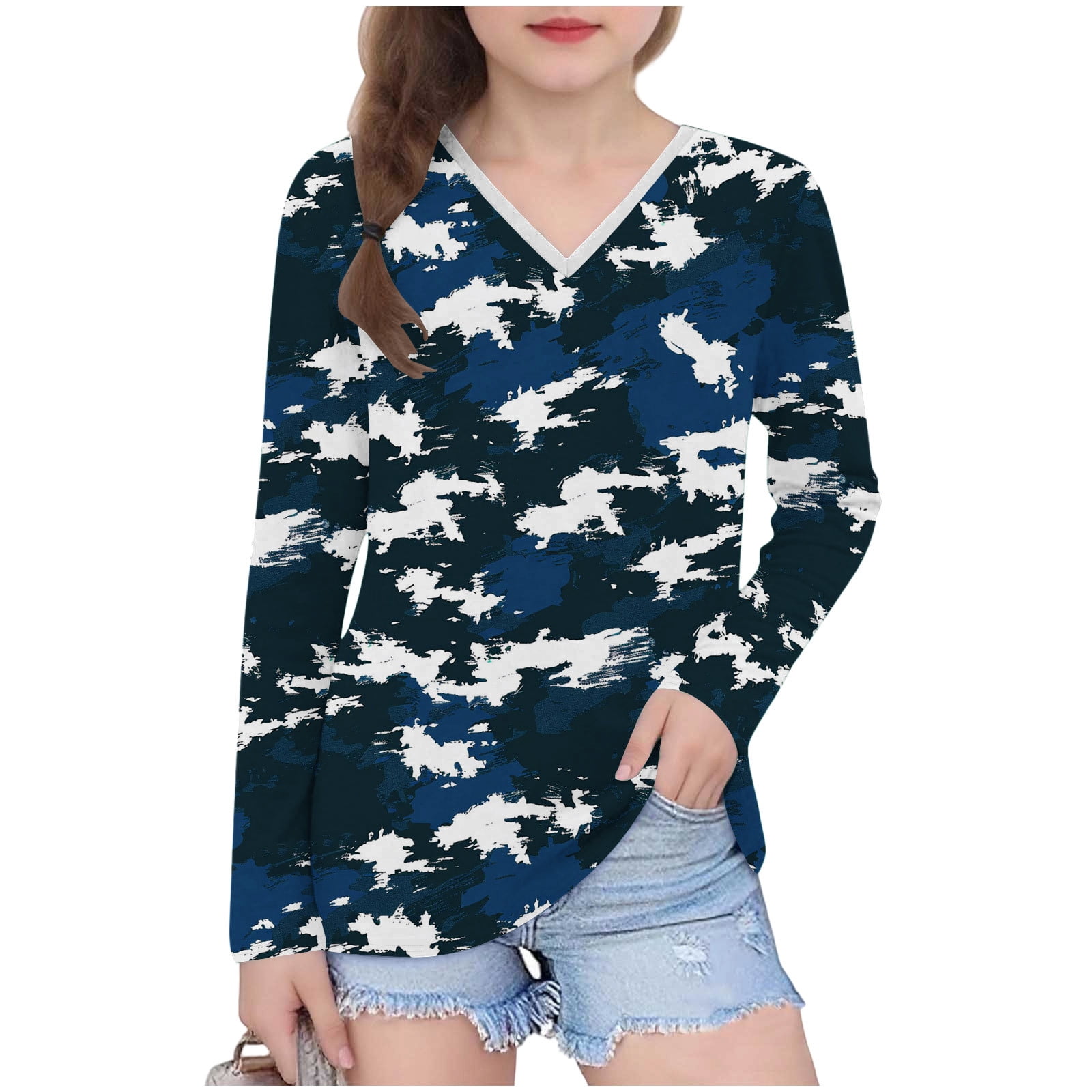 Avrntaa Girls Loose V Neck T-shirt Fall Trendy Camouflage Print Tops ...