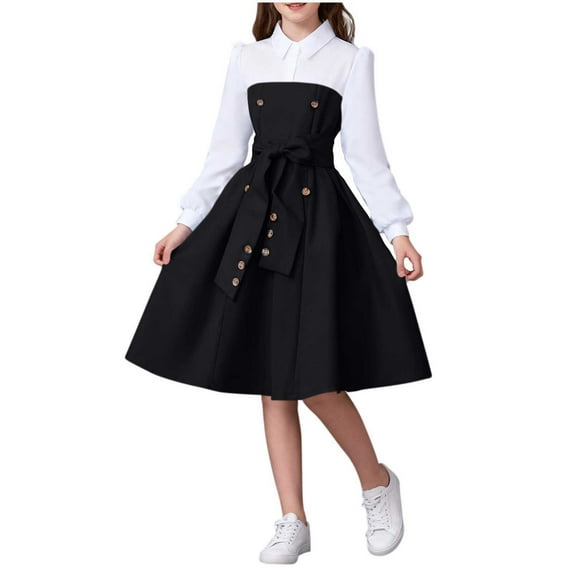 Avrntaa Girls Puff Long Sleeve Dress Tie Waist A-line Dresses Button ...