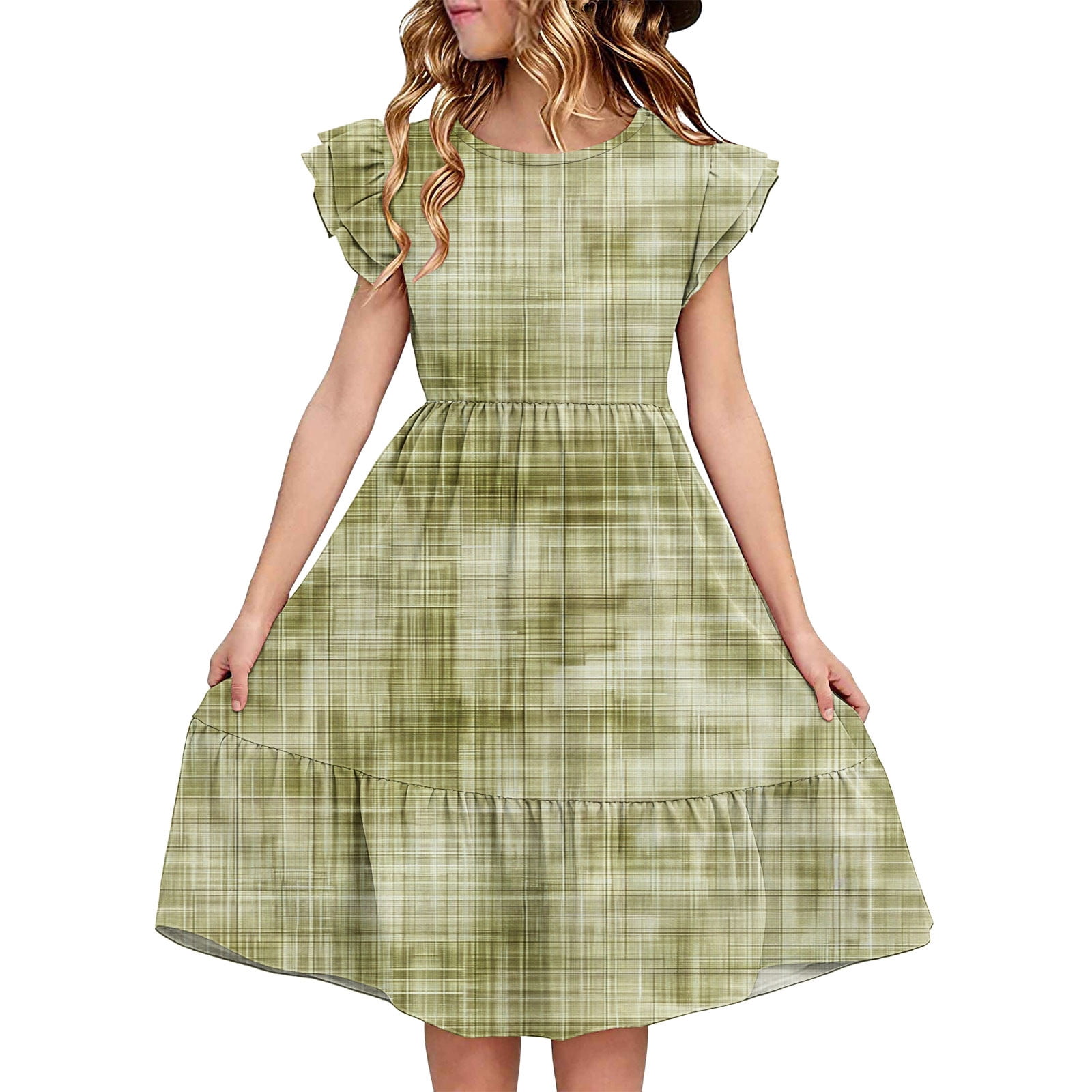 Avrntaa Girls' Ruffle Sleeve Crewneck A-Line Swing Dress for Summer Cute Casual Midi Dress 5-14 ...