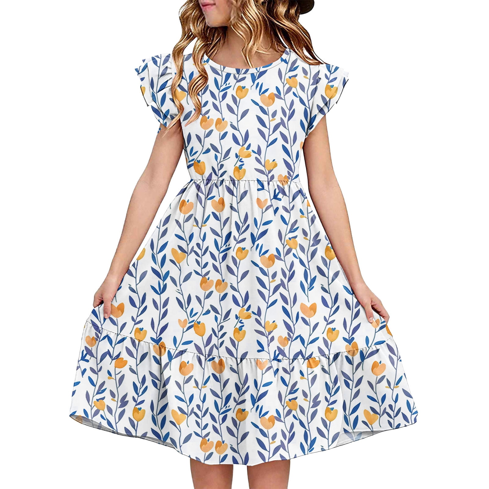 Avrntaa Girls Short Sleeve Dress with Ruffles Crew Neck A-Line Swing Casual Summer Midi Dress 5 ...