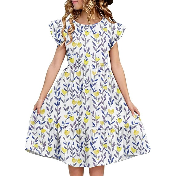 Avrntaa Girls Short Sleeve Dress with Ruffles Crew Neck A-Line Swing ...