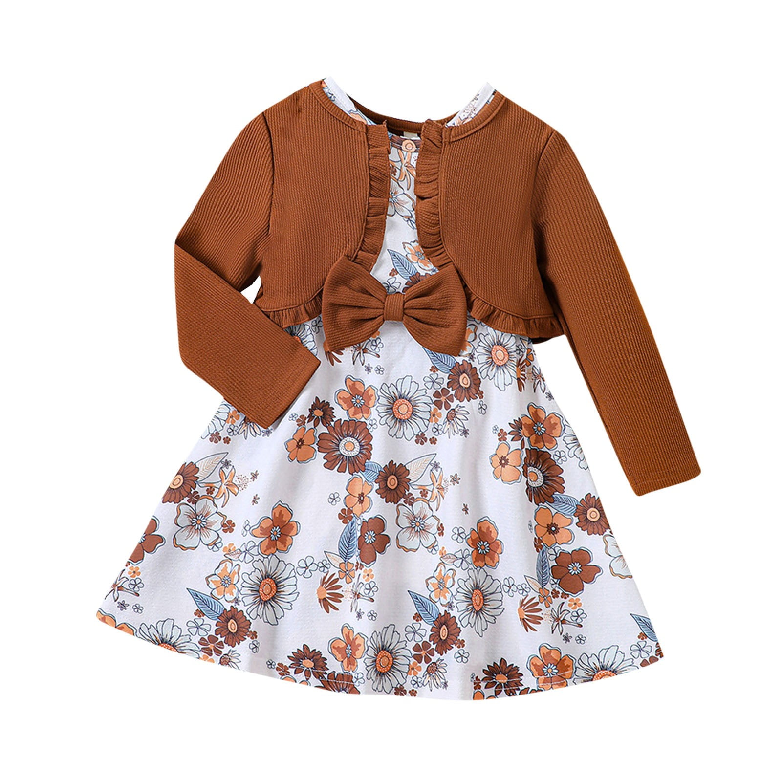 Avrntaa Girls Spring Dresses Ruffle Ribbed Long Sleeve Dress Floral ...