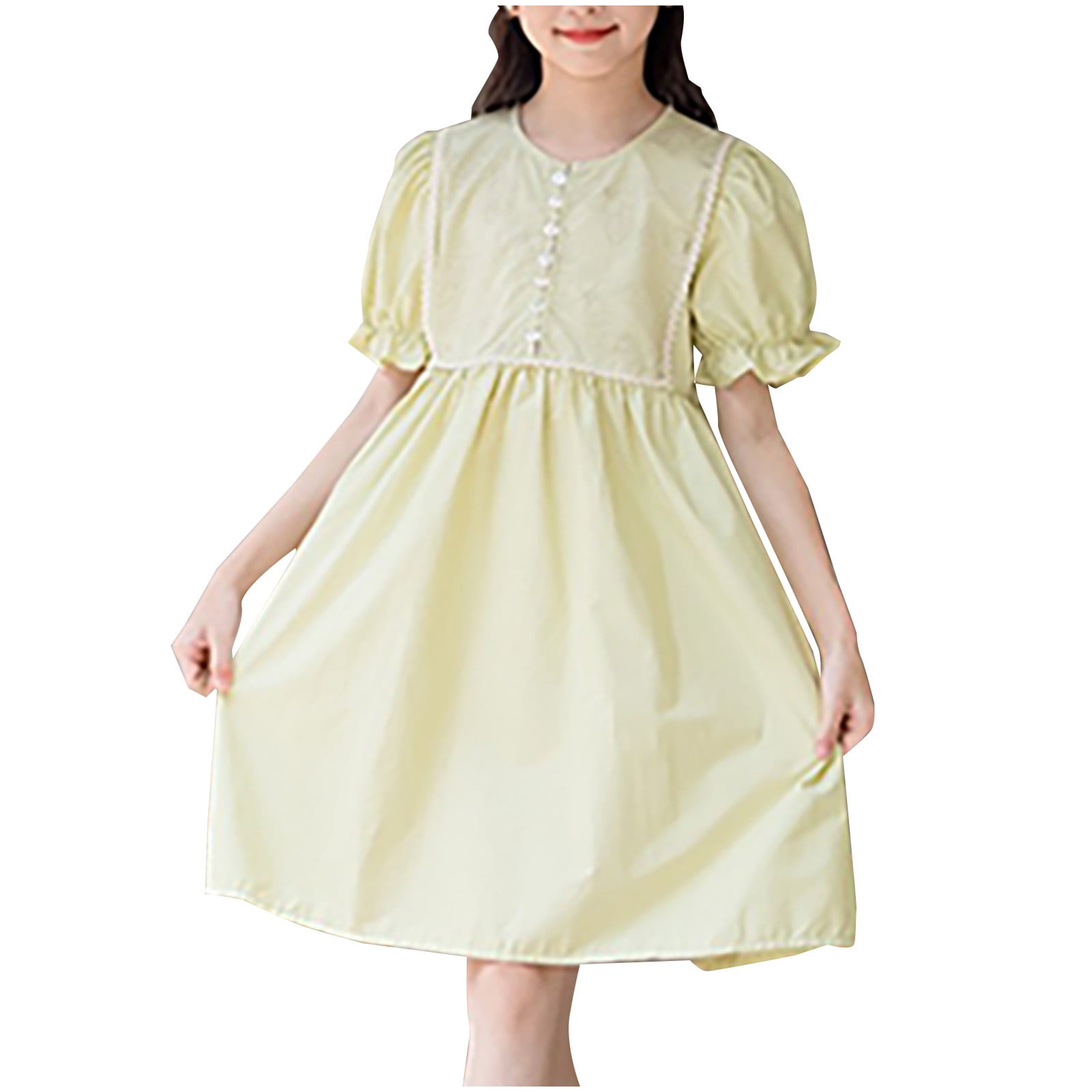 Avrntaa Girls Summer A-Line Dress Lace Puff Sleeve Casual Dresses Knee ...