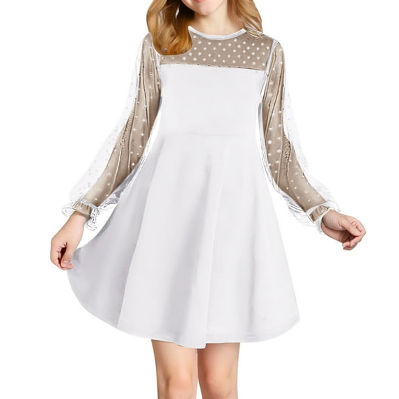Avrntaa Girls Summer Dresses Mesh Puff Long Sleeve Contrast Dress Dot ...
