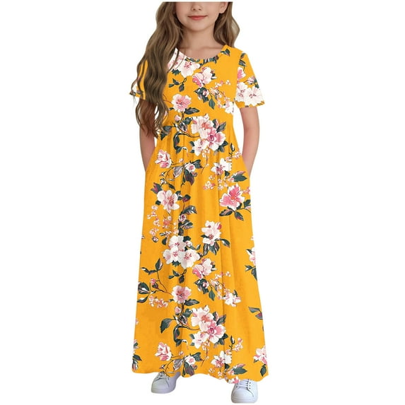 Avrntaa Girls Summer Maxi Dress Casual Floral Print Short Sleeve Dress ...