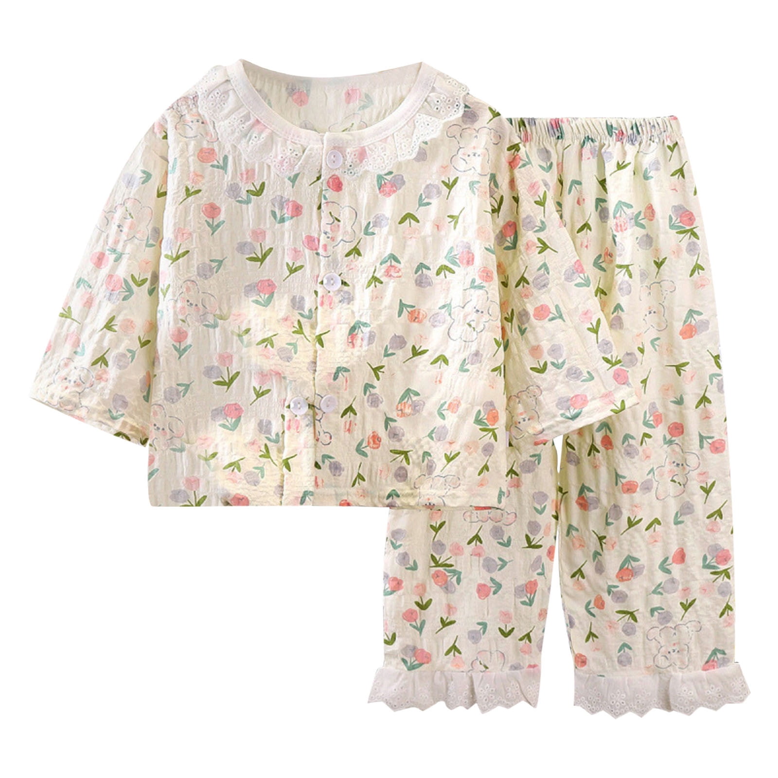 Avrntaa Girls Vintage Cotton Pajamas Set Lace Trim Floral Print Top ...