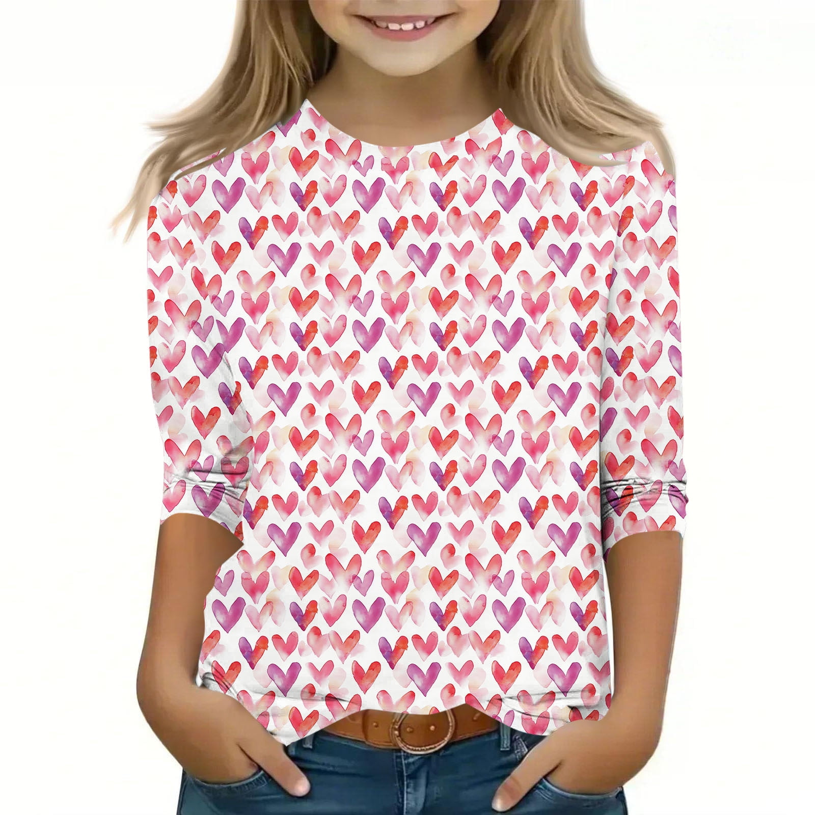 Avrntaa Heart Print Crewneck for Girls - Valentine 3/4 Sleeve Loose Top ...