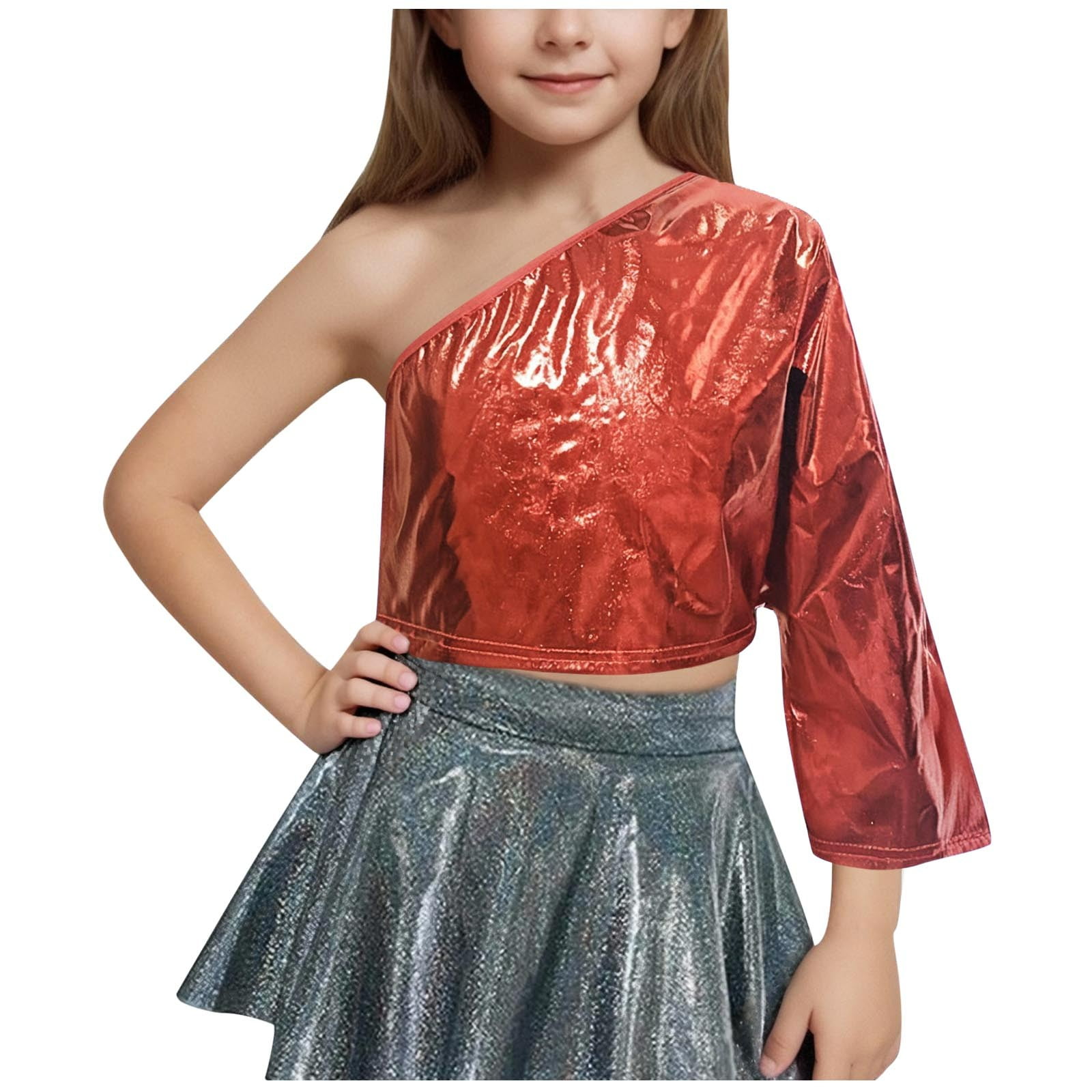 Avrntaa Kids Girls Sequins Crop Top One Shoulder Long Sleeve Jazz Hip ...