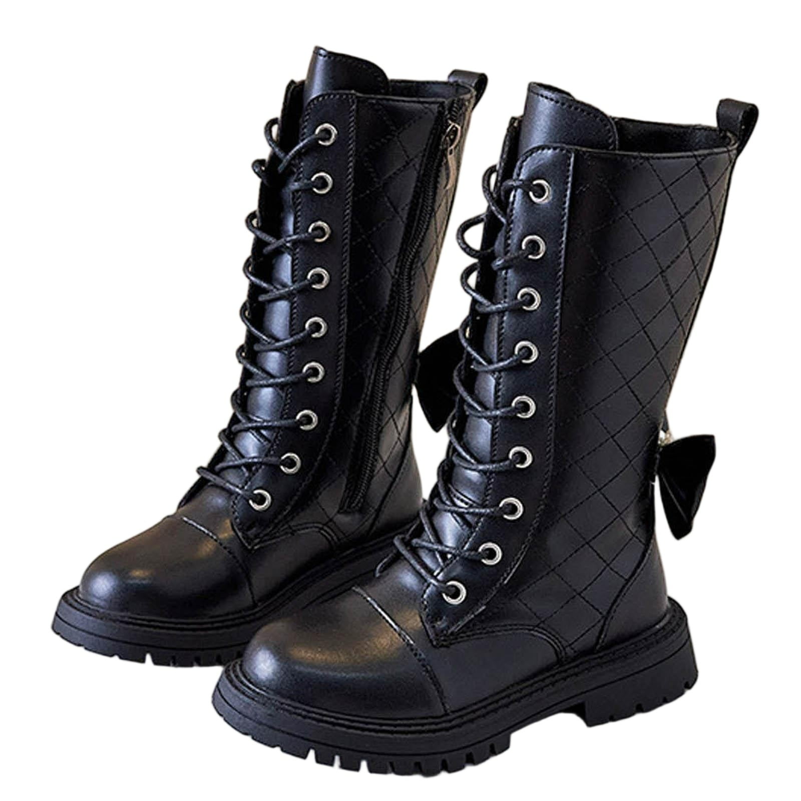Avrntaa Lace Up Leather Boots for Girls Side Zipper Mid Calf Shoes ...