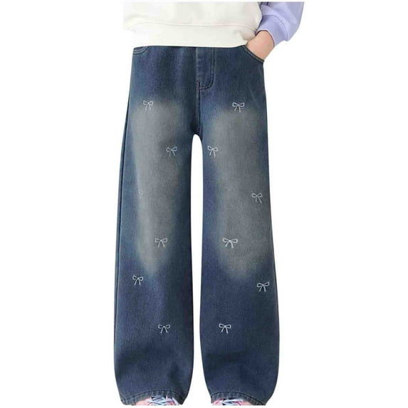 Avrntaa Little Girls Baggy Jeans Bow Print Fleece Lined Trousers ...