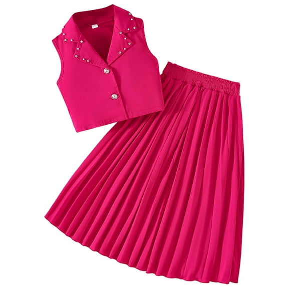 Avrntaa Little Girls Casual 2 Pieces Set Button Lapel Vest Pleated A ...