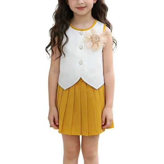 Avrntaa Little Girls Summer 2 Pieces Set Button Crewneck Vest Pleated A ...
