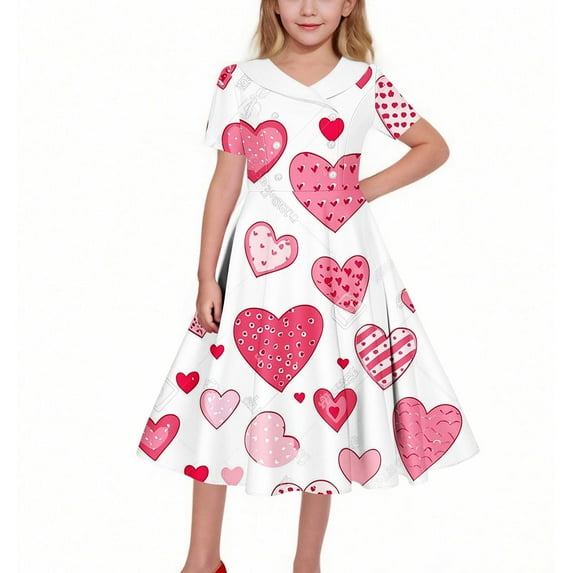 Avrntaa Valentines Dress for Girls Short Sleeve A-line Dresses Heart ...