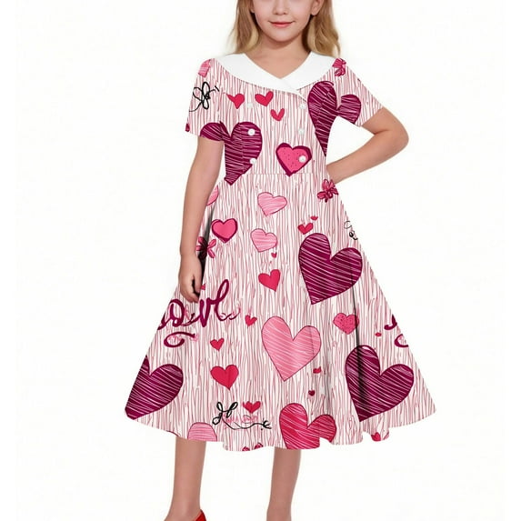 Avrntaa Valentines Dress for Girls Short Sleeve A-line Dresses Heart ...