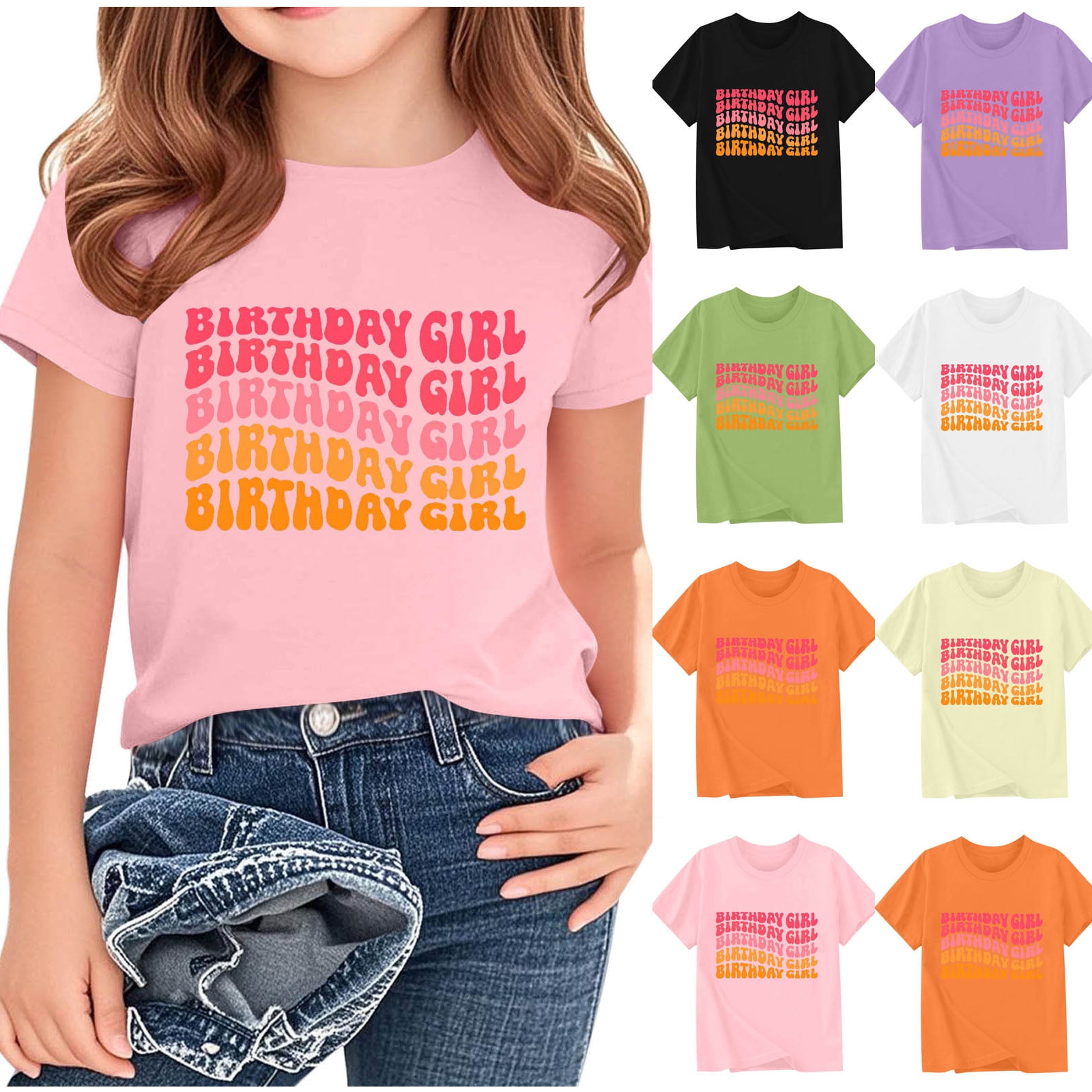 Avtoify Birthday Graphic Print Summer Girls Short Sleeve Shirts Round ...