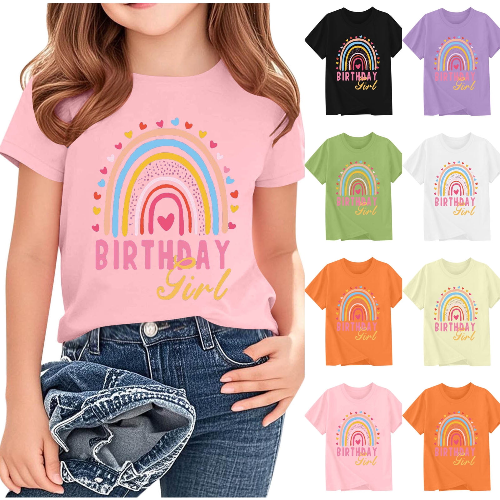 Avtoify Birthday Graphic Print Summer Girls Short Sleeve Shirts Round ...