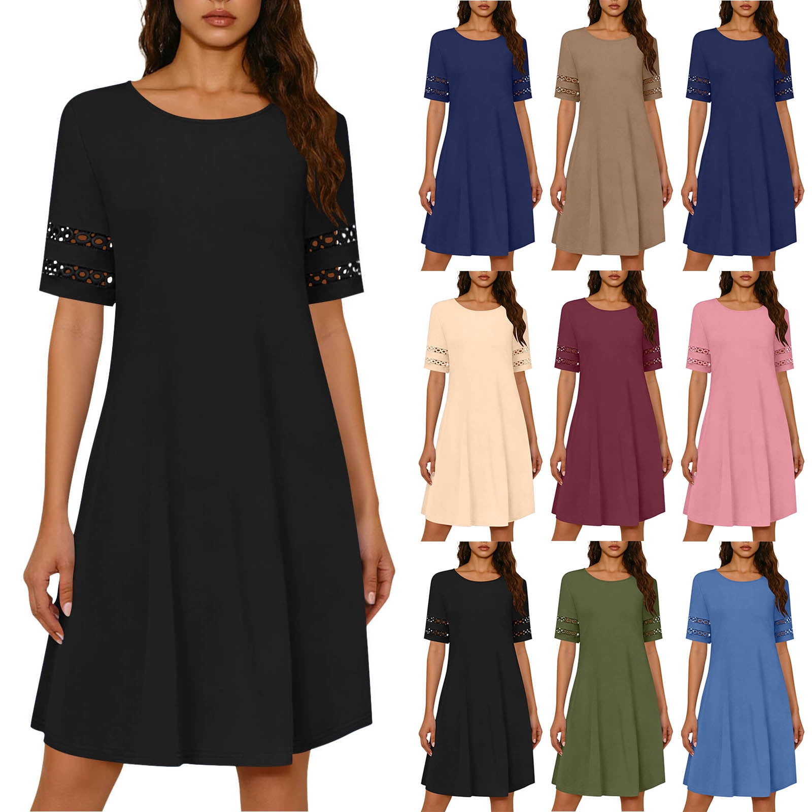 Avtoify Casual Lace Short Sleeve Round Neck Fold Solid Color Dresses ...