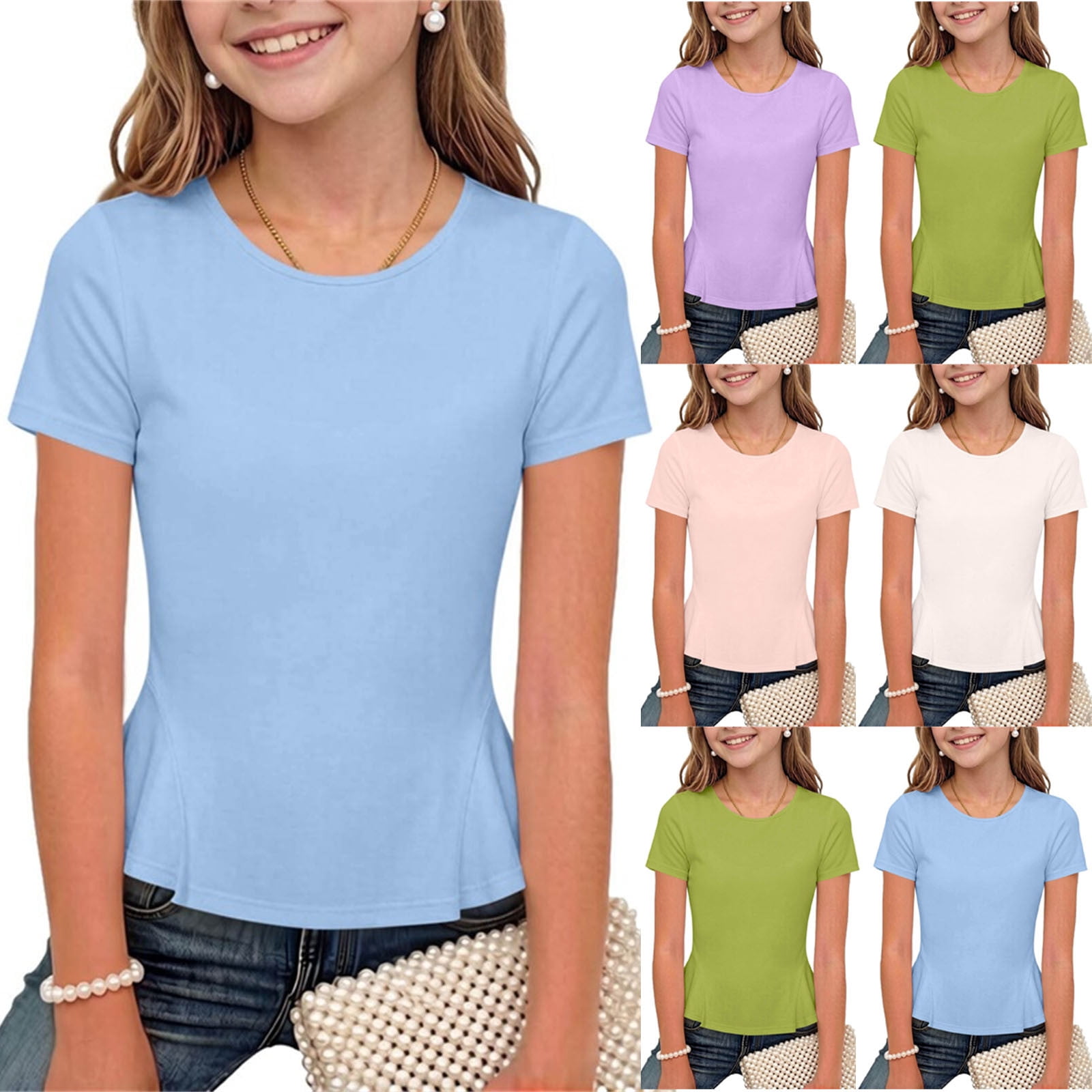 Avtoify Children's Solid Color Round Neck Summer Girls Short Sleeve ...