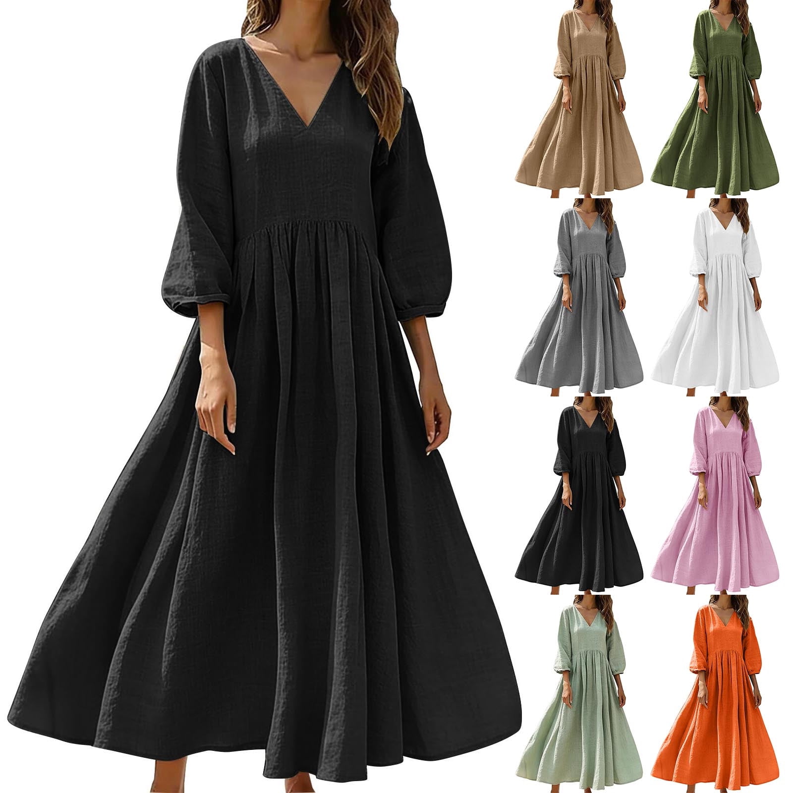 Avtoify Color Loose Casual Linen Quarter Sleeves V-Neck Dresses for ...