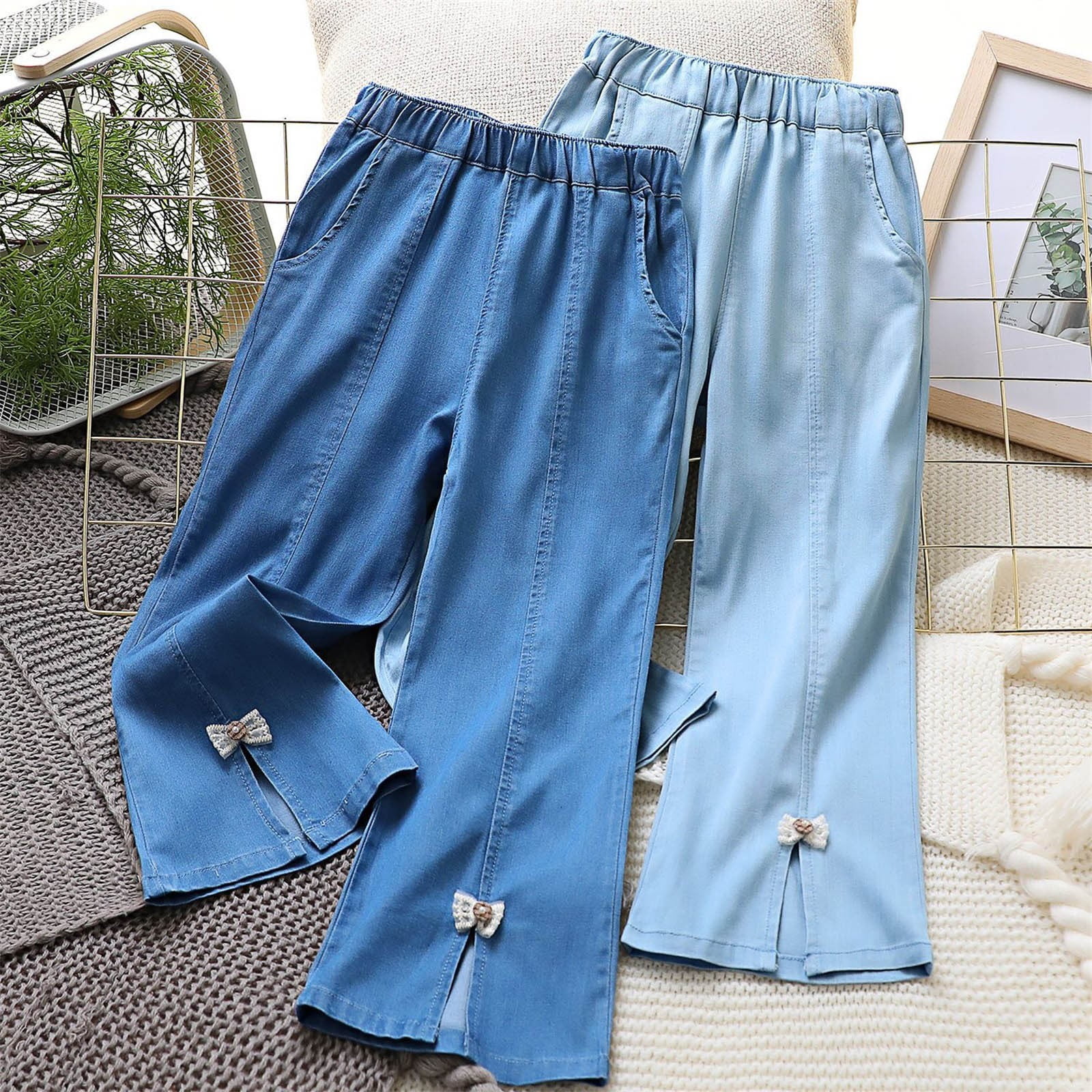 Avtoify Elastic Waist Side Split Flare Denim Trouser Summer Pants for ...