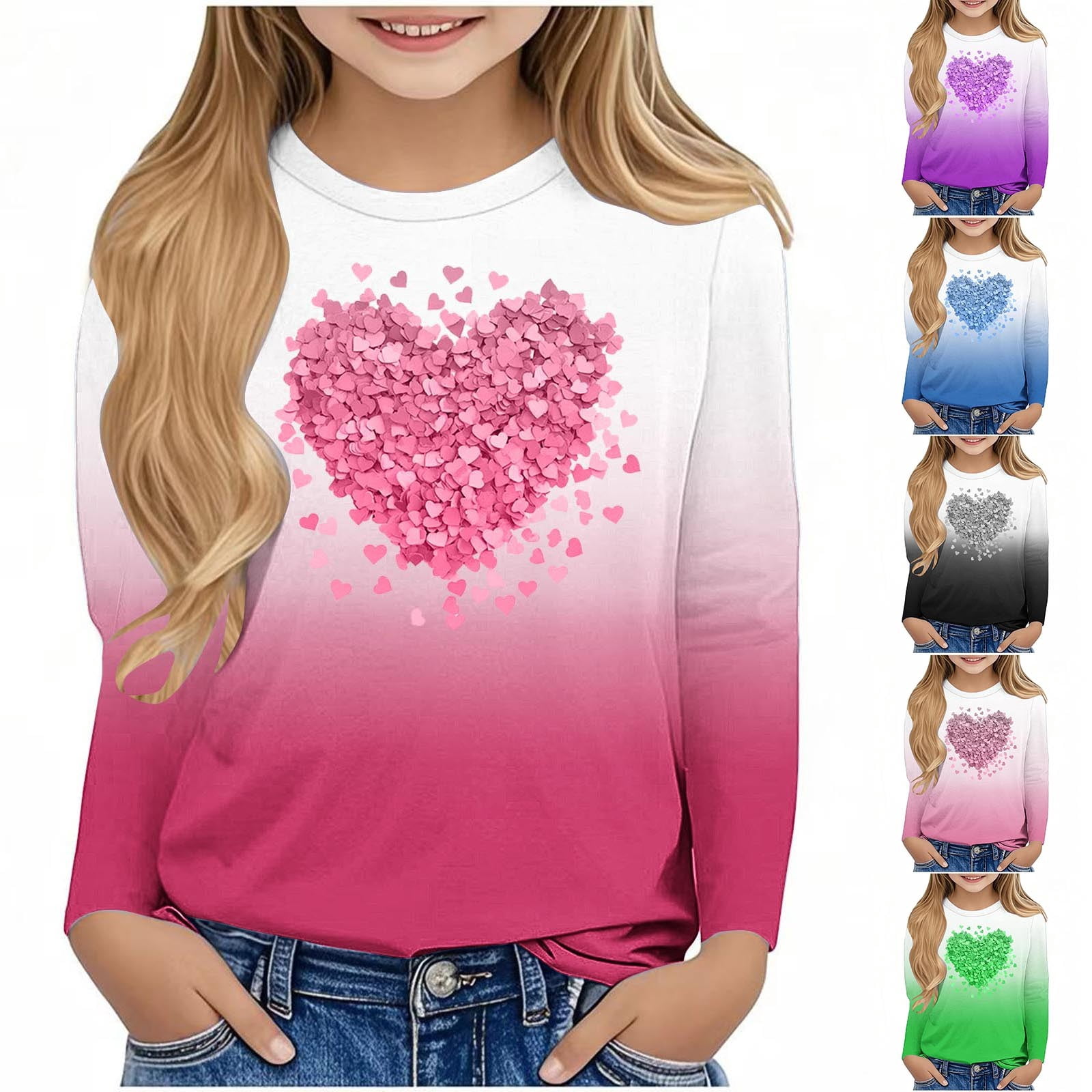 Avtoify Fall Girls Short Sleeve Shirts Gradient Heart Print 3-14 Long ...