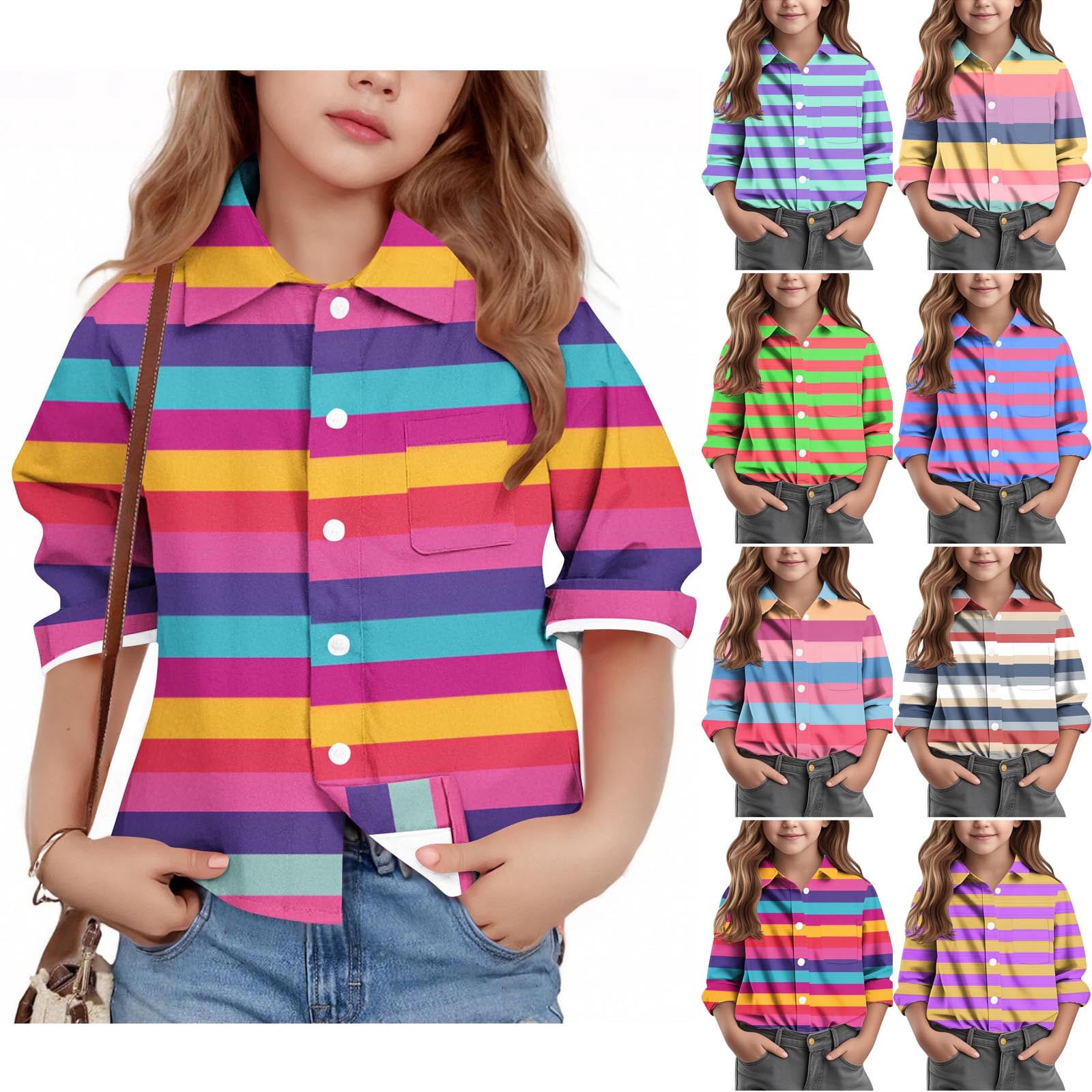 Avtoify Fall Girls Short Sleeve Shirts Stripe Print 3-16 Long Sleeve ...