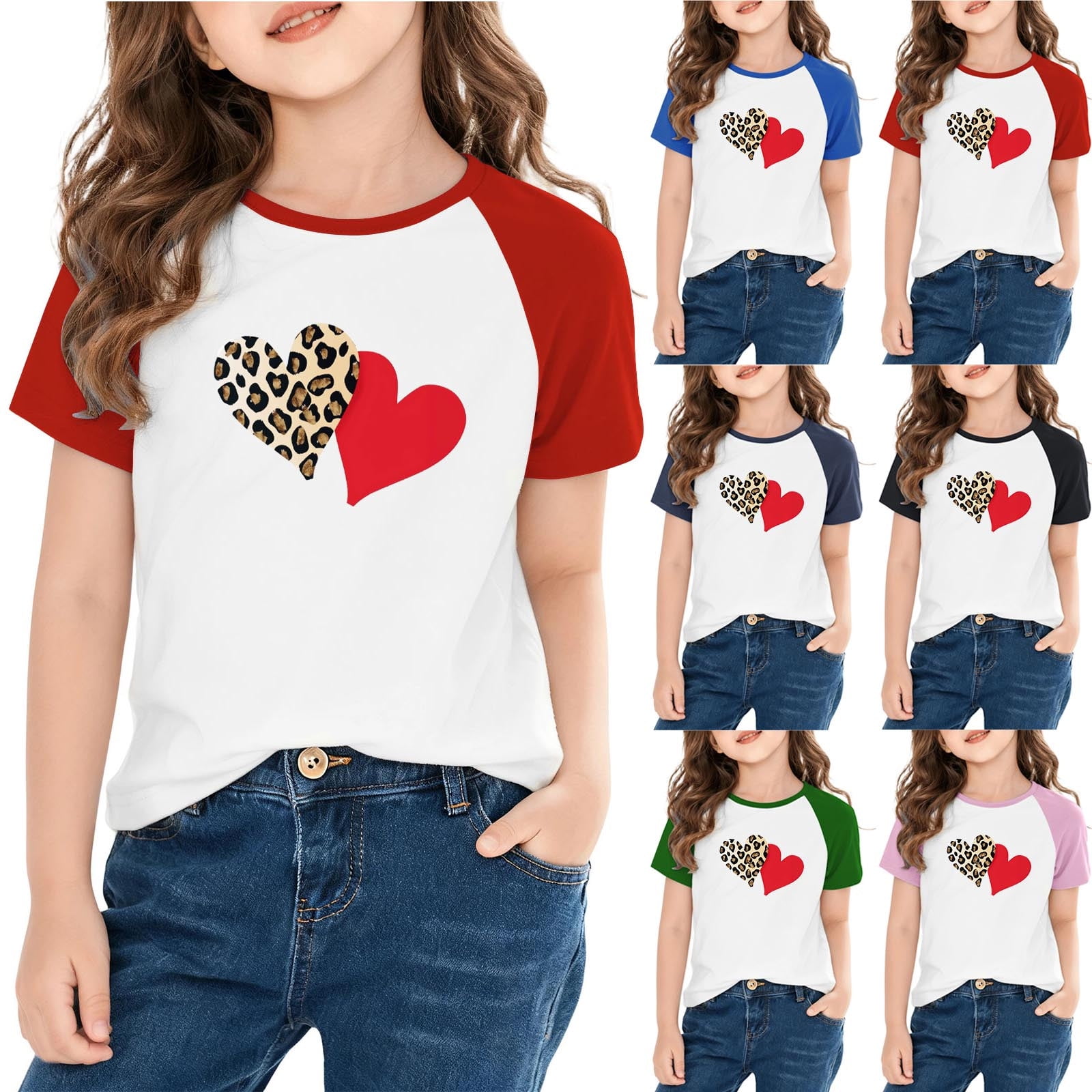 Avtoify Fashion Print Round Neck Summer Girls Short Sleeve Shirts Short ...