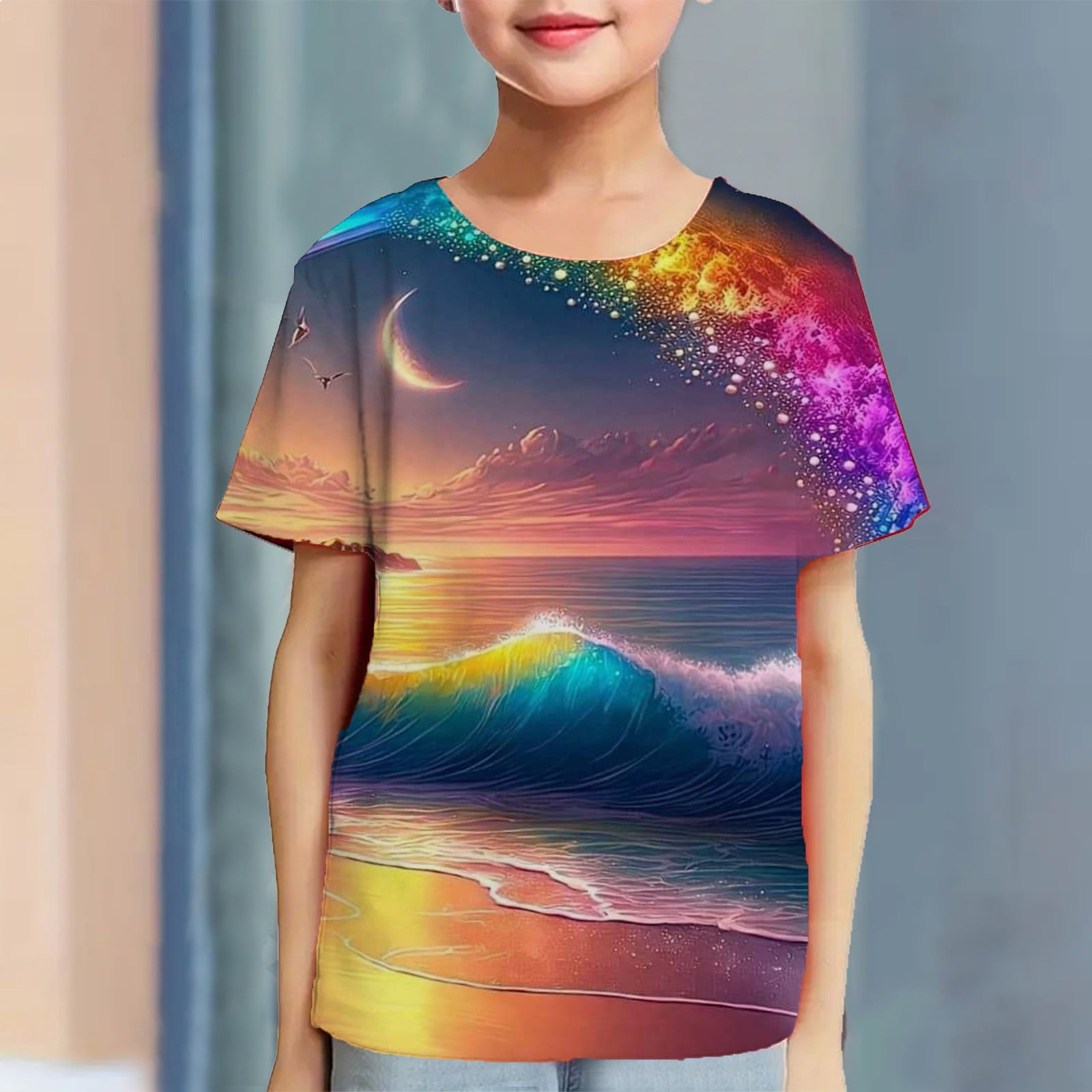 Avtoify Fashion Print Round Neck Summer Kids Short Sleeve Shirts Short ...