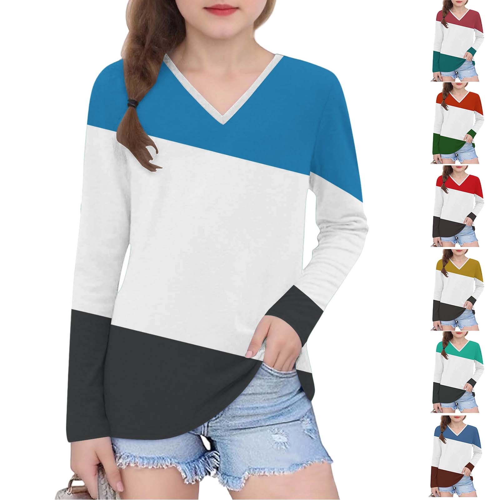 Avtoify Girls Long Sleeve Color Print Shirt V Neck Casual Shirt top ...