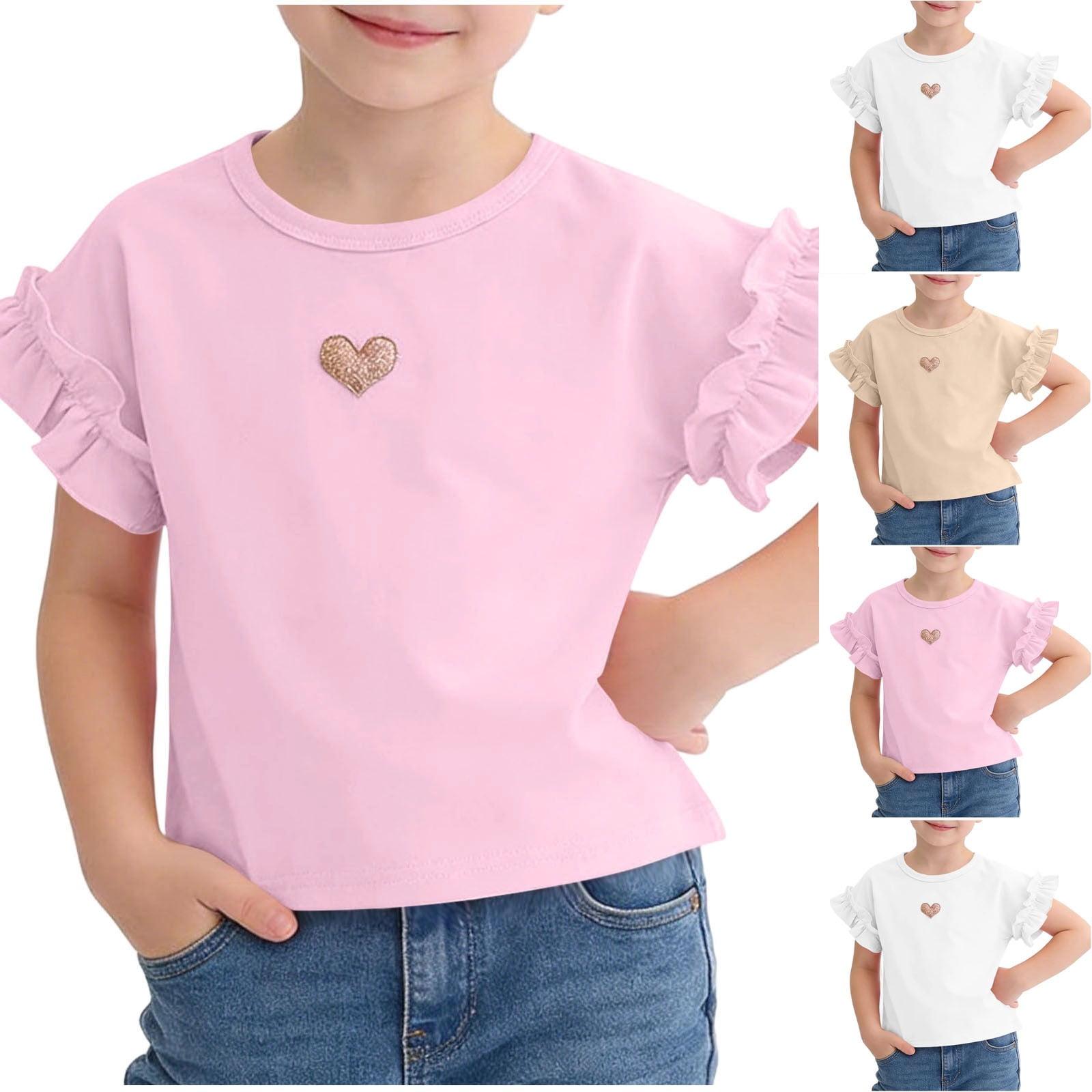 Avtoify Girls' Solid Color Round Neck Summer Kids Short Sleeve Shirts ...